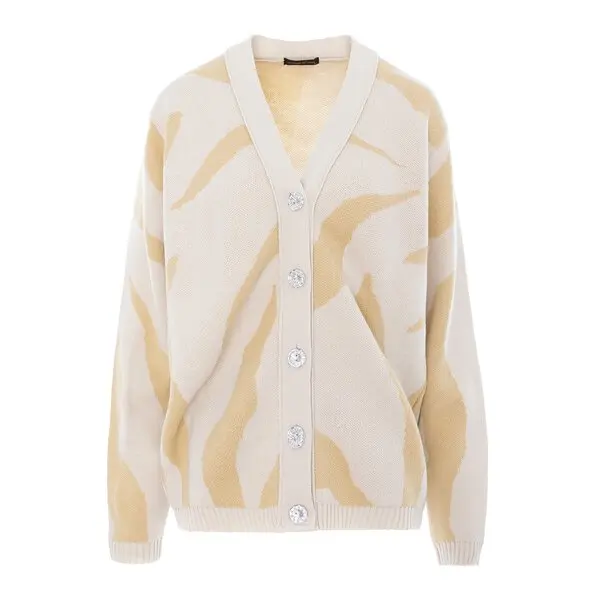 CONCEPT A TROIS Printed Knit Cardigan With Crystal Buttons - Beige/white