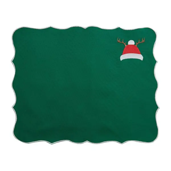 KM HOME COLLECTION Santa Hat Embroidery Cotton Placemats Set Of 2 - Green