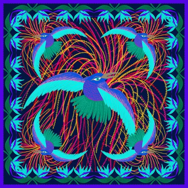 CREATURE MARSEILLE Les Oiseaux De Paradis The Square Silk Scarf / Design In France Made In Italy - Blue