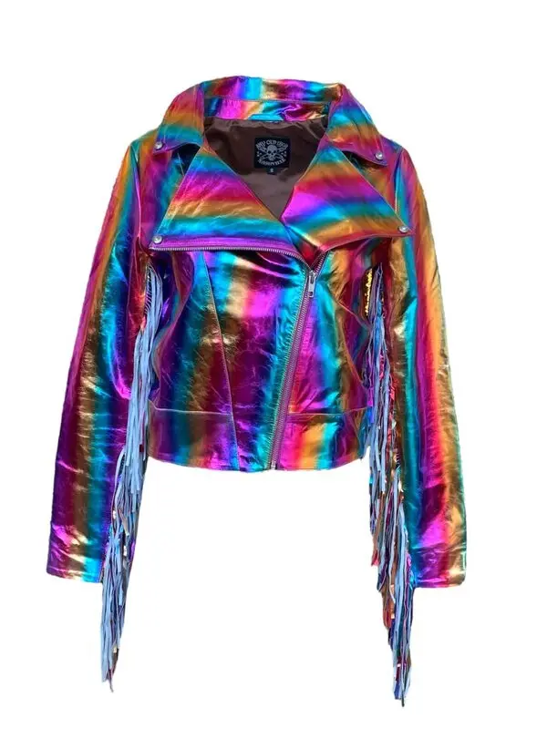 ANY OLD IRON Rainbow Metallic Leather Moto Jacket - Black