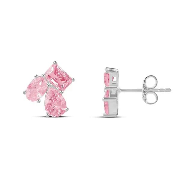 SHYMI Silver Multi Shape Three Stone Stud Earrings - Silver/pink