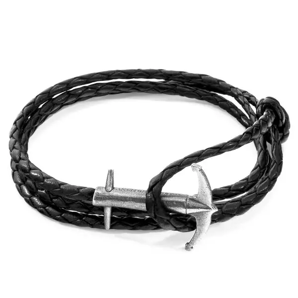 ANCHOR & CREW Admiral Anchor Braided Leather Bracelet - Silver/black