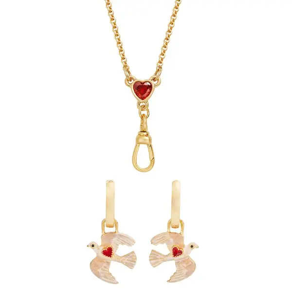 FABLE ENGLAND Love Heart Clasp Chain Necklace & Dove Heart Huggie Earrings Set - Gold/red