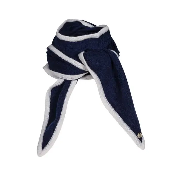 TIRILLM Ayla Small Neck Scarf In Soft Pure Cashmere, Navy With Off White Trimming - Blue