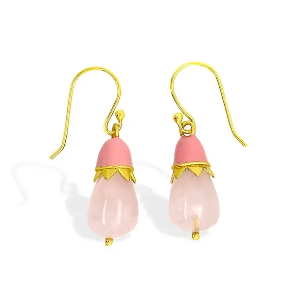 GEM BAZAAR JEWELLERY Rose Quartz Drop Earrings - Orange/gold