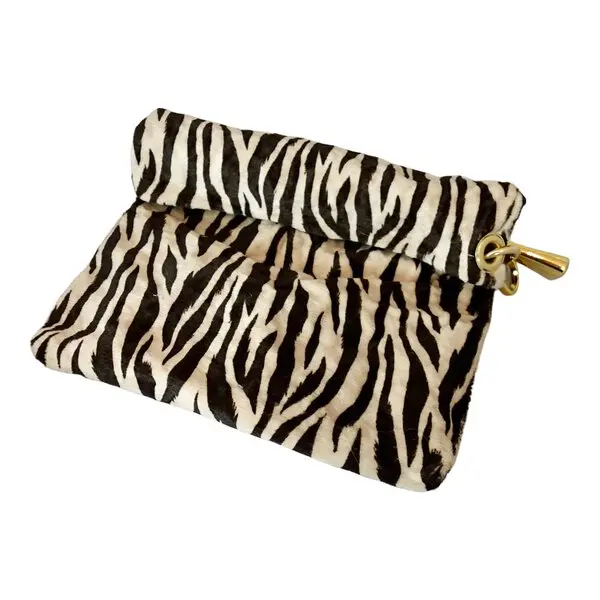 ROMER MILLINERY Zebra Velvet Moldable Roll Clutch Bag With Goldtone Handle - Black
