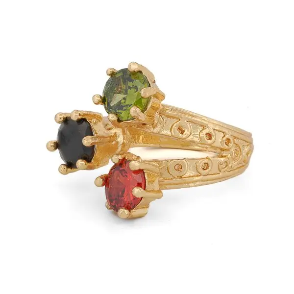 EBRU JEWELRY Gold Plated Bronze Elemental Trio Carnelian Onyx Emerald Ring - Green/blue/red