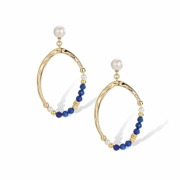 RETRO CHIC Poseidon Earrings With Lazurite And Shell Pearls - Blue/gold/white