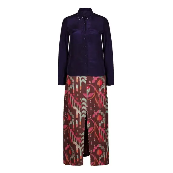 MAISON QALA Silk Blouse And Printed Skirt Set - Blue/red