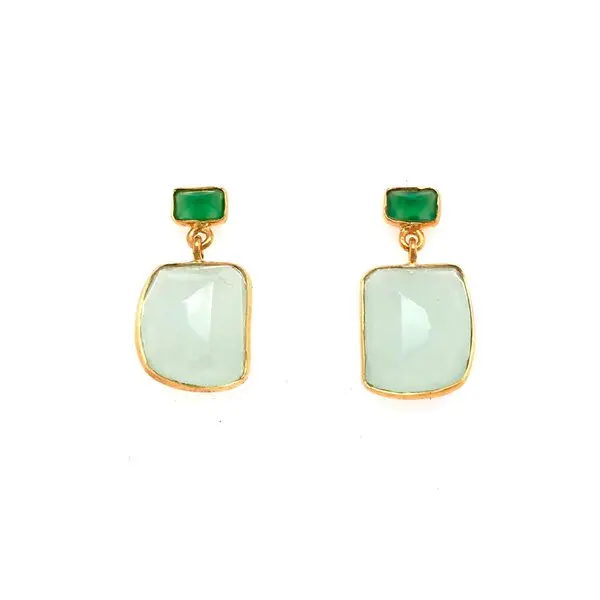 GEM BAZAAR JEWELLERY Handmade Aqua Chalcedony And Green Onyx Drop Earrings In Gilded Silver - Blue/green/gold