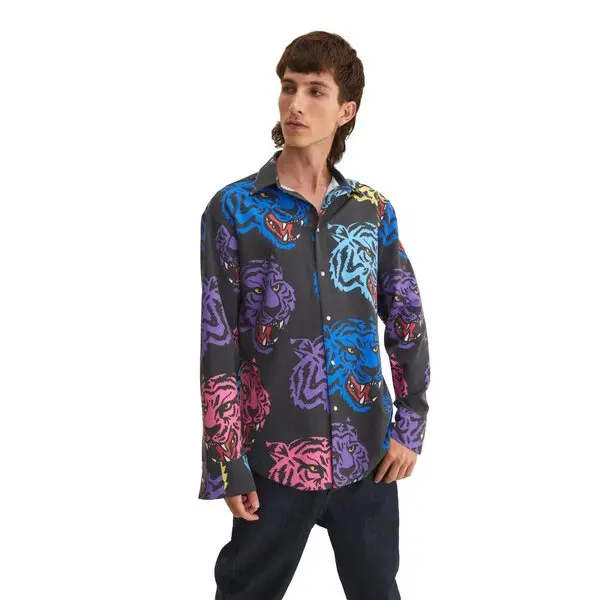 MYSIMPLICATED Long Sleeve Shirt In Dark Grey With Tigers Design Recycled Fabric - Blue/grey
