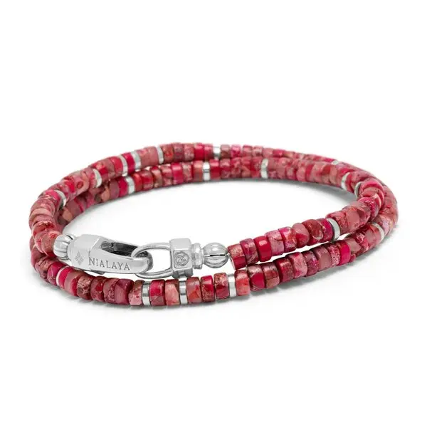 NIALAYA JEWELRY Red Howlite Heishi Wrap Bracelet With Stainless Steel - Red/silver