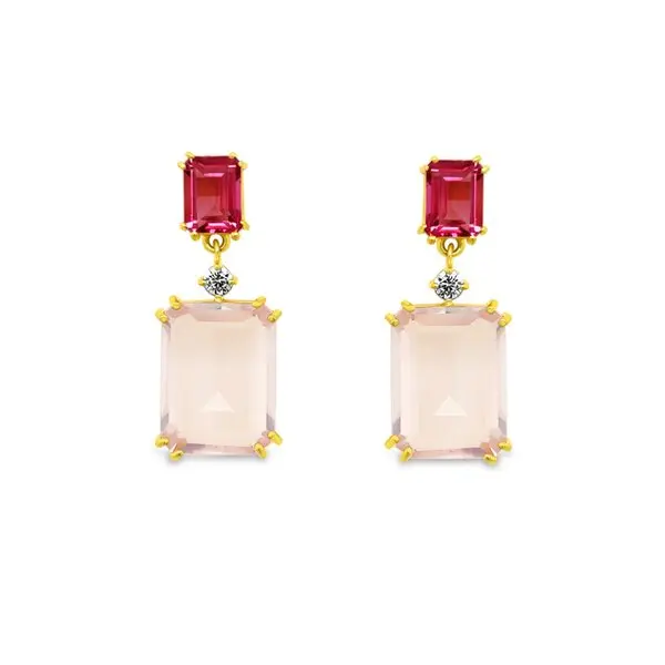 GEM BAZAAR JEWELLERY Rose Quartz And Pink Topaz Drop Earrings With Cubic Zirconia - Orange/gold/white