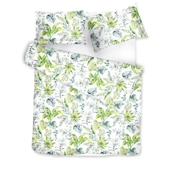 DECOFLUX HOME White / Green Cotton Sateen Bed Linen Set Flora Costera - White/green