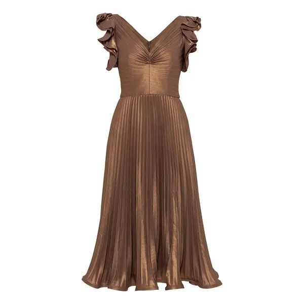 NISSA Pleated V-neck Midi Dress - Brown