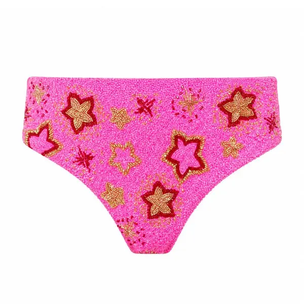 SELF-ADORE Hand-beaded High-waisted Bikini Bottom - Pink/red