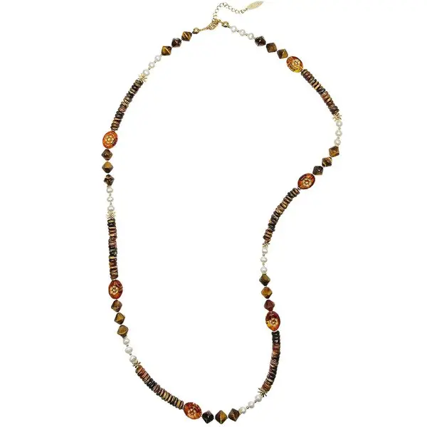 FARRA Tiger Eye And Freshwater Pearls Long Necklace - Brown