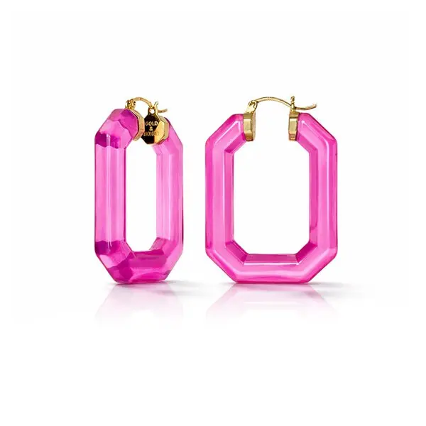 GOLD & HONEY Emerald Cut Lucite Hoop Earrings - Gold/pink