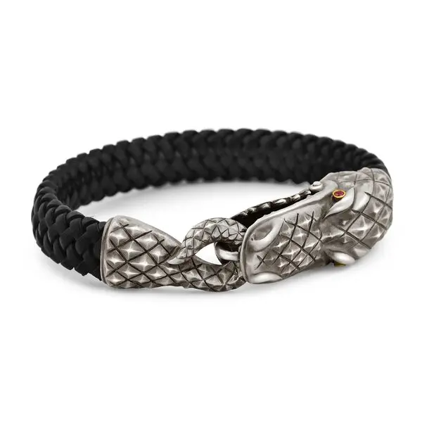 SNAKE BONES Alligator Clasp Leather Bracelet - Black/silver