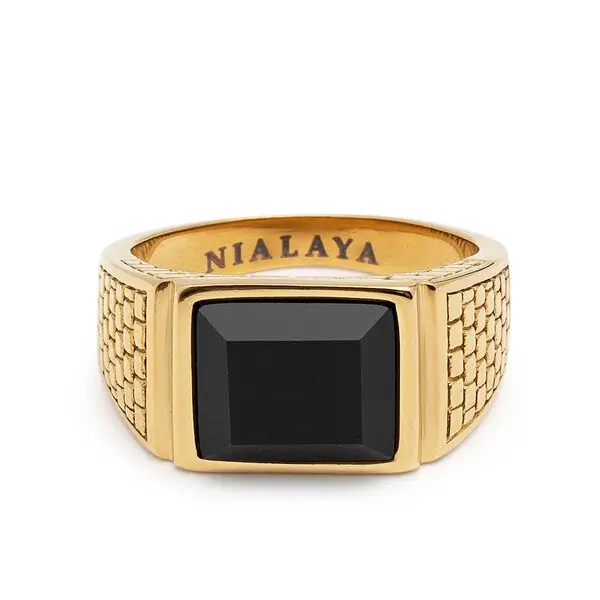 NIALAYA JEWELRY Golden Brick Signet Ring With Agate - Black/gold