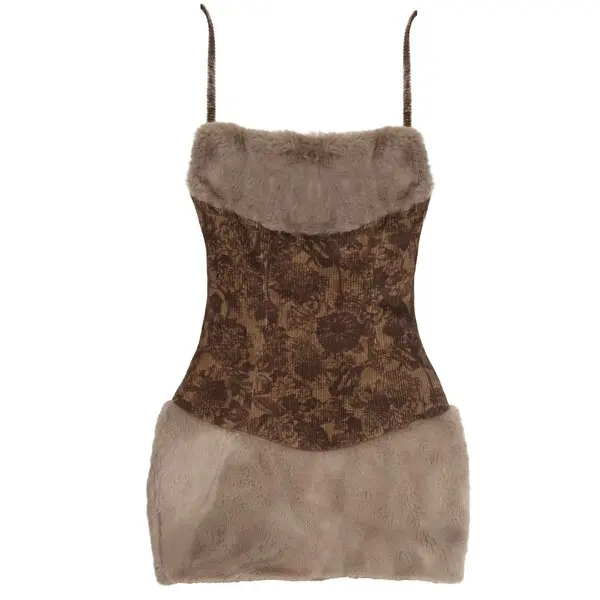 28NATELIER Floral Corduroy Mini Dress With Faux Fur Trim - Brown