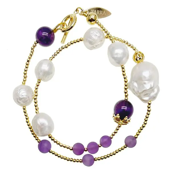 FARRA Baroque Pearl And Amethyst Double Layer Bracelet - White/purple