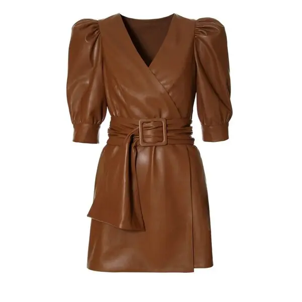 AGGI BY HALEWSKI Andrea Aztec Vegan Leather Mini Dress - Brown