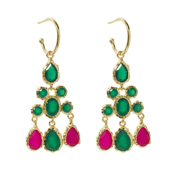 YAA YAA LONDON Nefretiti Gemstone Hoop Earrings - Green/pink