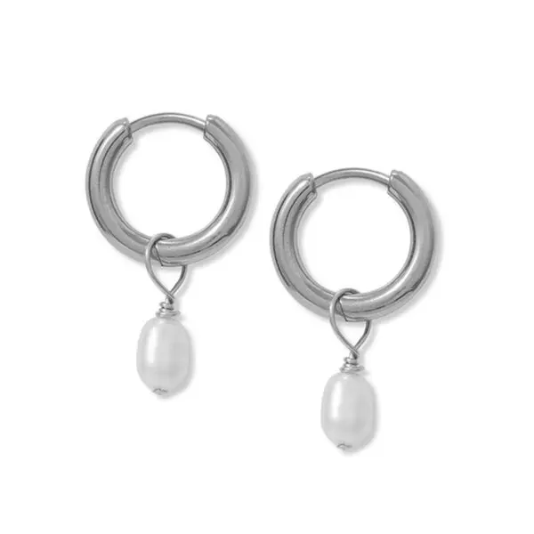 A WEATHERED PENNY Silver Tone Hoop Earrings With Pearl