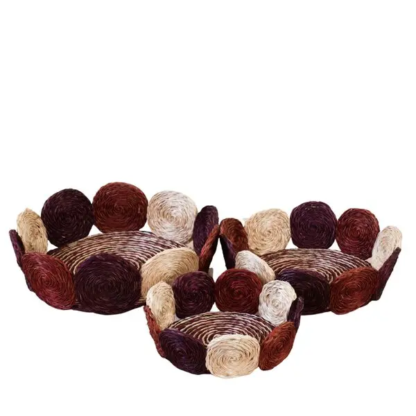 Likhâ White / Red Rust And Mauve Handwoven Storage Basket Fruit Basket, Set Of Three - White/red
