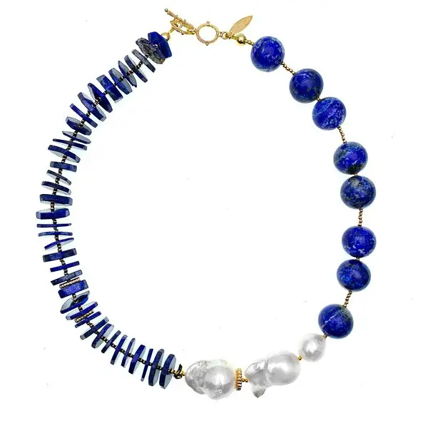 FARRA Round And Flat Lapis With Baroque Pearls Statement Necklace - Blue