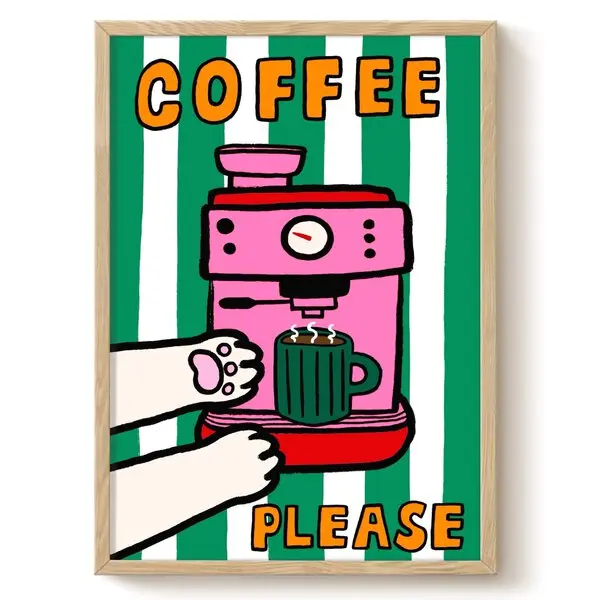 THE PAPER TAIL Coffee Please Cat Art Print Medium - Brown