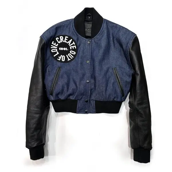 COOL CREATIVE Raw Denim Cropped Bomber Jacket - Black/blue