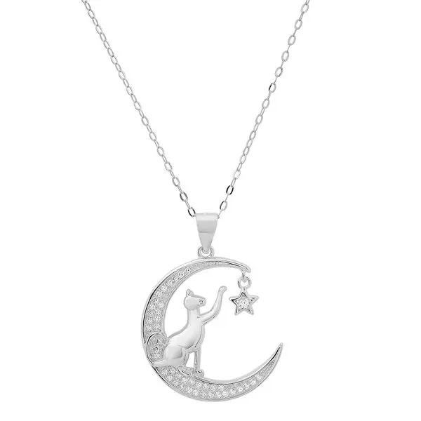 KYLIE HARPER Sterling Kitty Cat Cz Moon Pendant Necklace - Silver