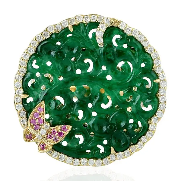 ARTISAN 18k Yellow Gold Carved Jade, Diamond, And Pink Sapphire Butterfly Ring - Green/gold/pink