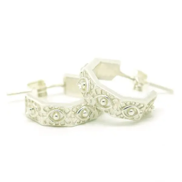 ETTA BURTON JEWELLERY Hexagonal Huggie Evil Eye Sterling Earrings - Silver