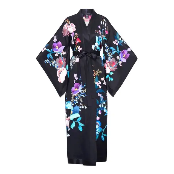 MENG Panther Silk Satin Kimono - Black