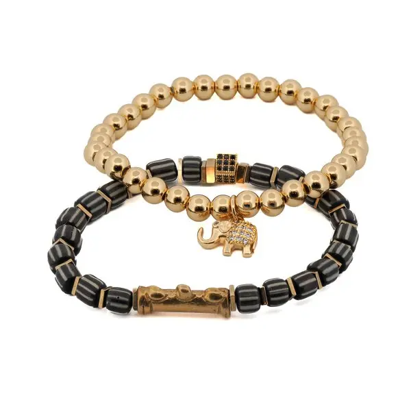 EBRU JEWELRY Lucky Elephant Charm Beaded Bracelet Set - Gold/black