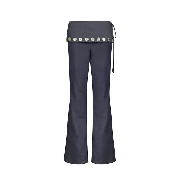 ANEMOIA Flare Leg Linen Pants With Beaded Belt