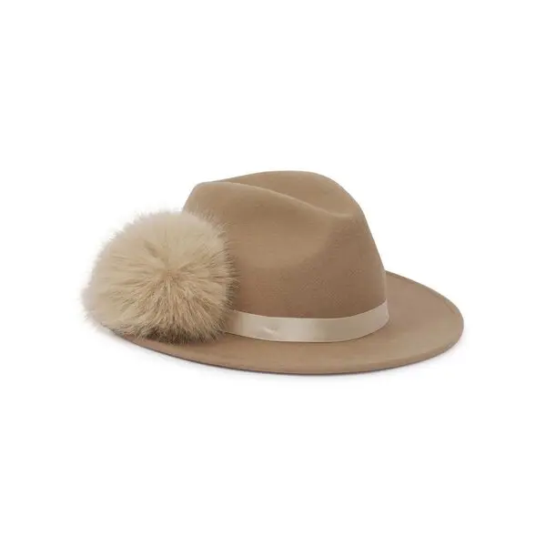 HORTONS ENGLAND Goodwood Fedora With Faux Fur Pom Pom - Beige