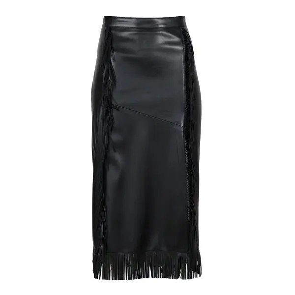 LALIPOP DESIGN Vegan Leather Fringe Midi Skirt