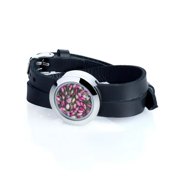 MY LITTLE NATURE Leather Bracelet With Scottish Heather Blossoms - Silver/black
