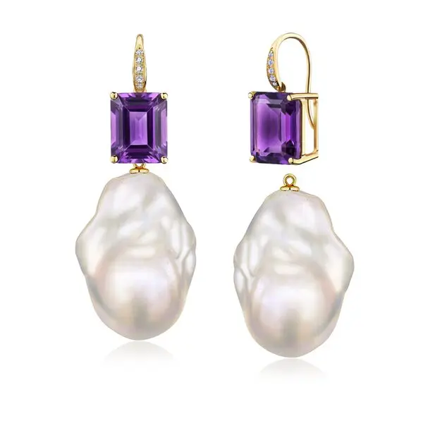 KAI FINE JEWELRY Emerald-cut Amethyst And Baroque Pearl Convertible Drop Earrings In 14k Yellow Gold - White/purple/gold