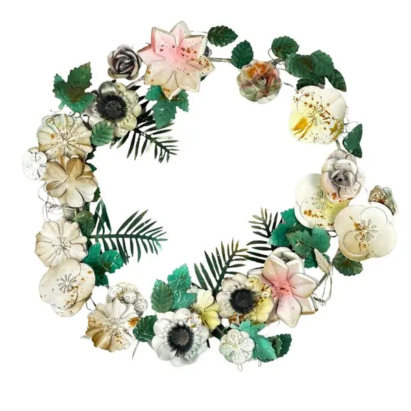 LILA RASA Green Verdant Bloom Metal Wreath – Hand-painted Layered Botanical Wreath - White/green