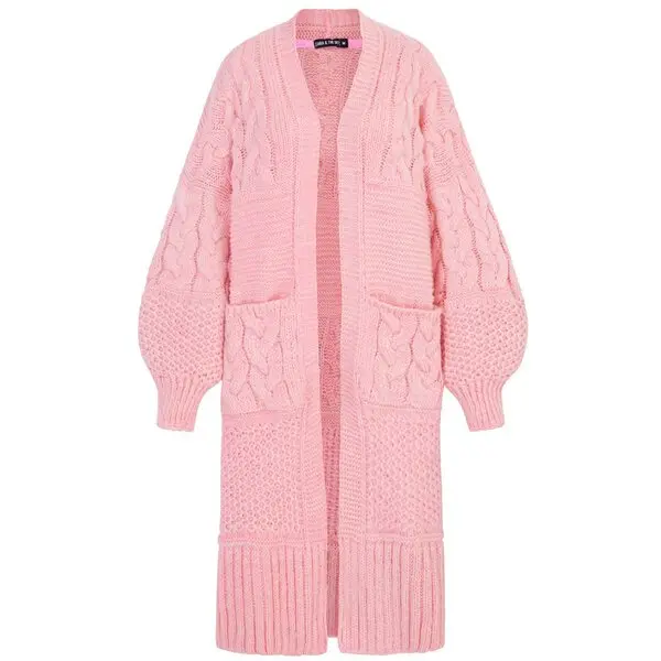CARA & THE SKY Balloon Sleeve Cable Knit Maxi Cardigan - Pink