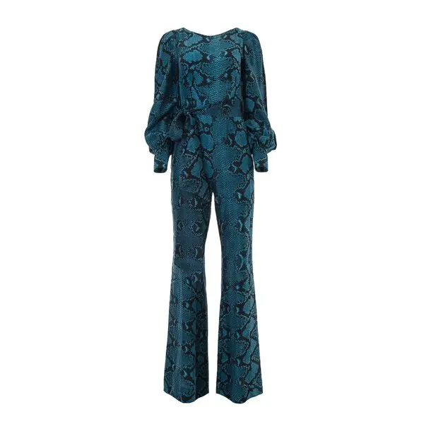 LITA COUTURE Silk Snake Print Extended Cuff Jumpsuit - Blue