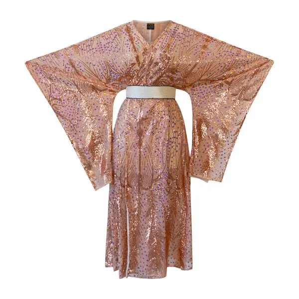 BYVINNIK Sequin Kimono Robe - Gold/pink