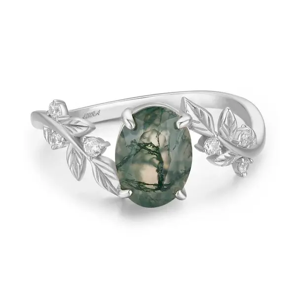 AZURA JEWELRY NEW YORK Oval Moss Agate Ring In White Gold - Silver