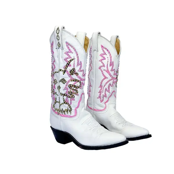ACID CAT Vintage Embellished Cowboy Boots - White/pink