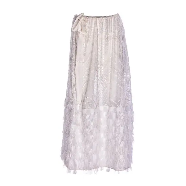 HARLOW LOVES DAISY Embroidered Silk Skirt With Fringe - White